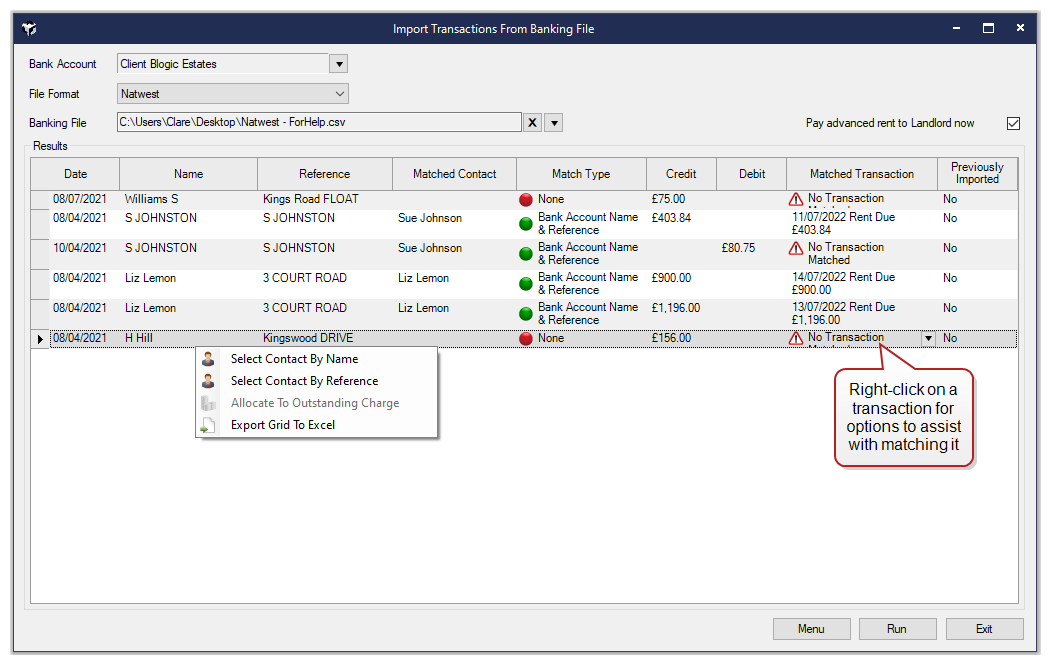 Importing transactions from Banking file